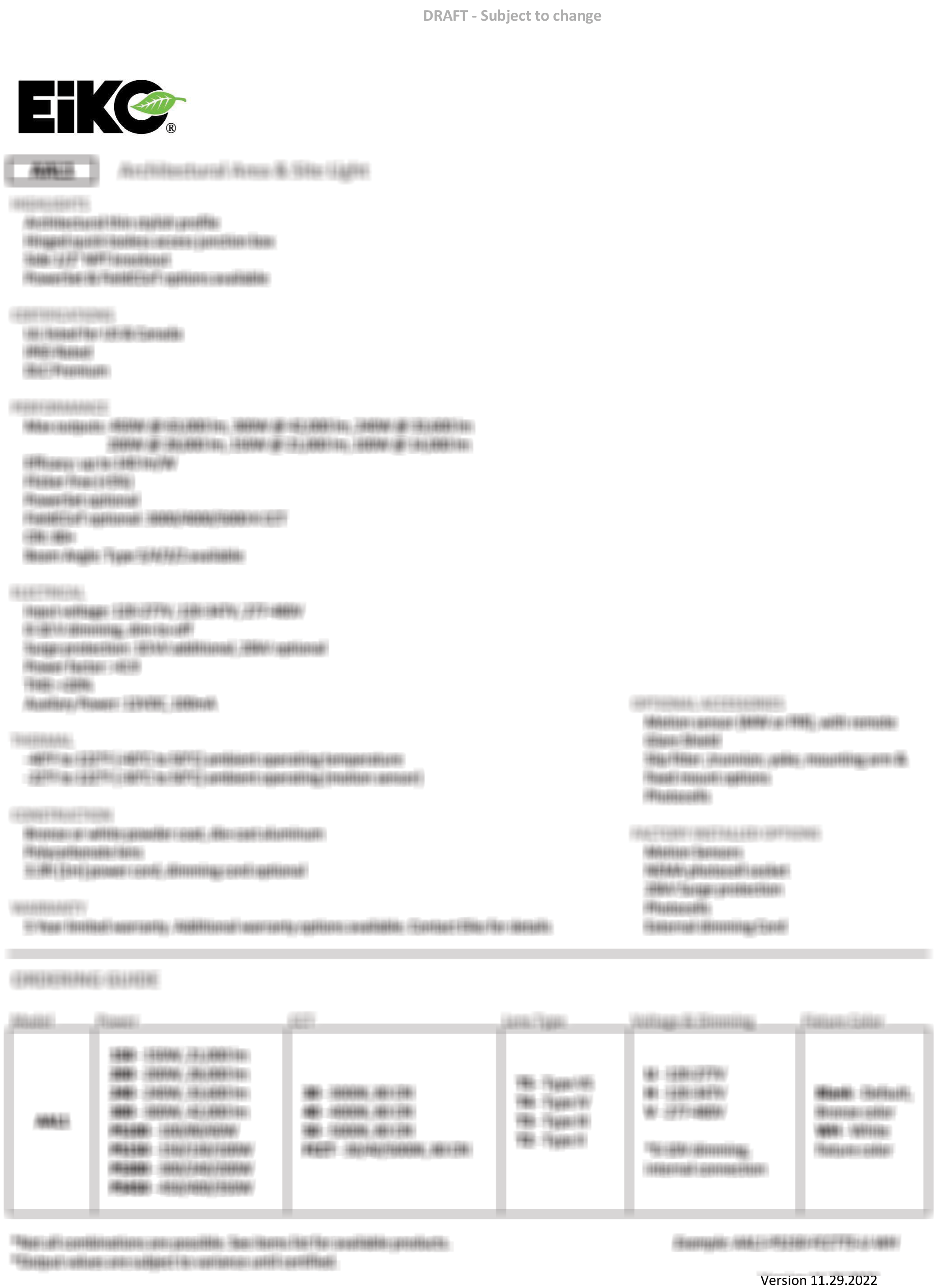 Draft Spec Sheets